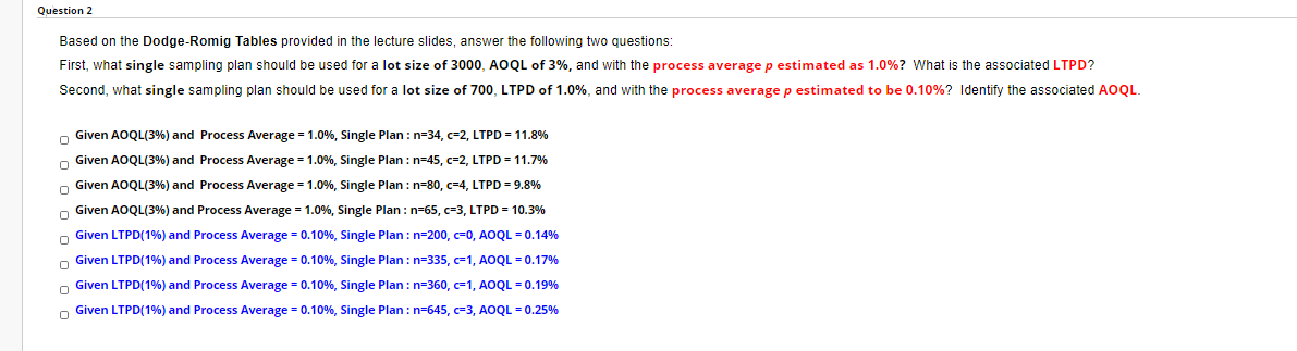 Question 2 Based on the Dodge-Romig Tables provided | Chegg.com