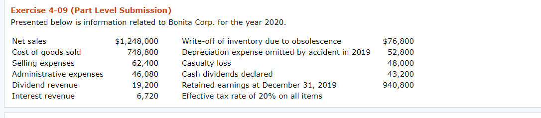Solved Exercise 4-09 (Part Level Submission) Presented below | Chegg.com