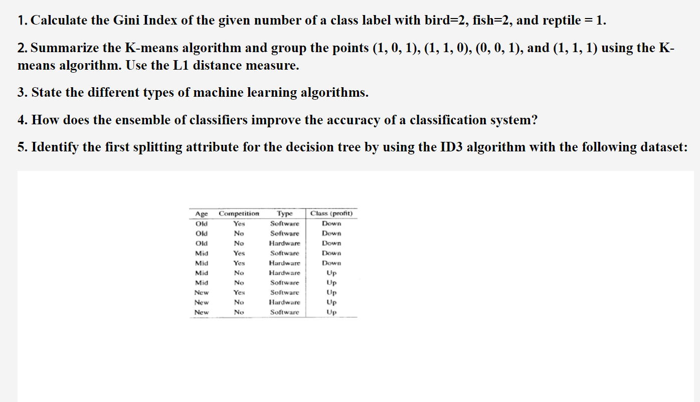 Solved 1. Calculate the Gini Index of the given number of a | Chegg.com