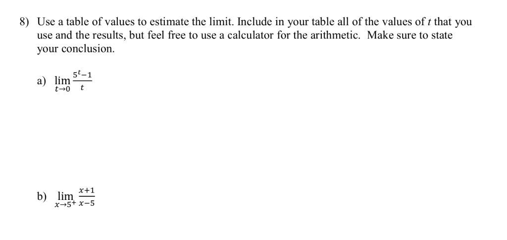 Solved 8) Use a table of values to estimate the limit. | Chegg.com
