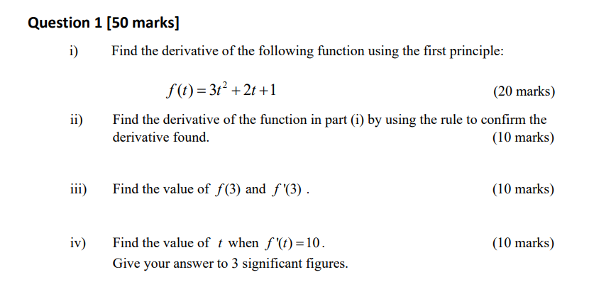 Solved uestion 1 [ 50 marks] i) Find the derivative of the | Chegg.com
