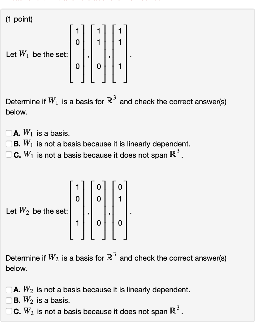 Solved (1 point) 1 1 1 1 Let W1 be the set: 1 Determine if | Chegg.com