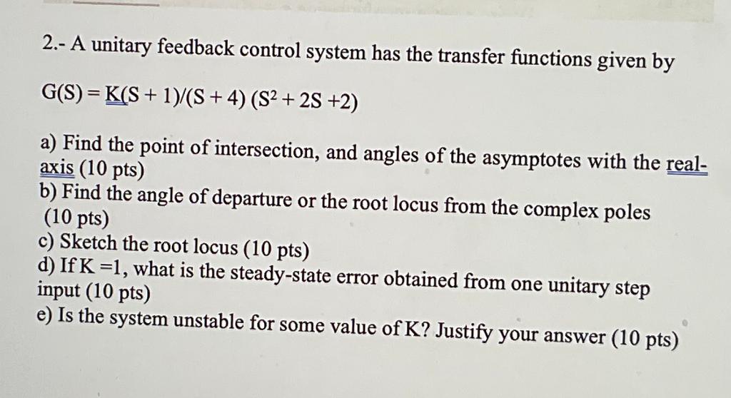 Solved 2.- A unitary feedback control system has the | Chegg.com