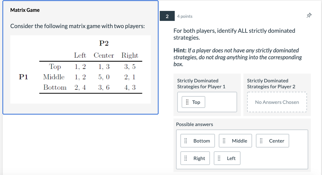 Solved Matrix Game 2 4 points Consider the following matrix | Chegg.com