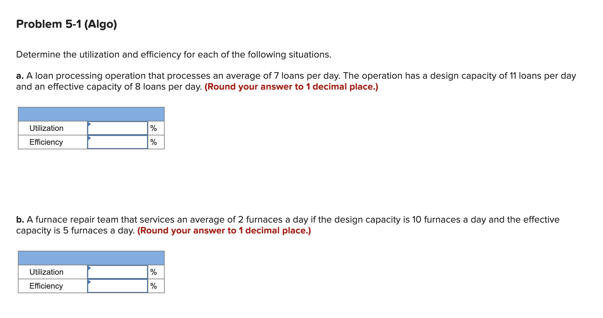 Solved Determine the utilization and efficiency for each of | Chegg.com