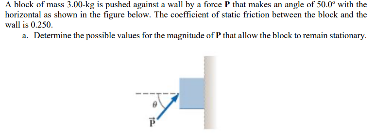 Solved A block of mass 3.00−kg is pushed against a wall by a | Chegg.com