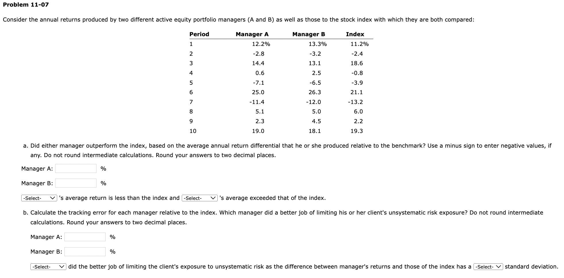 Solved a. Did either manager outperform the index, based on | Chegg.com