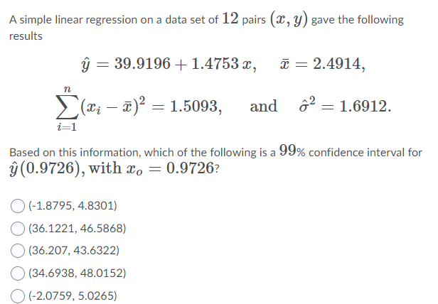 Solved A simple linear regression on a data set of 12 pairs | Chegg.com