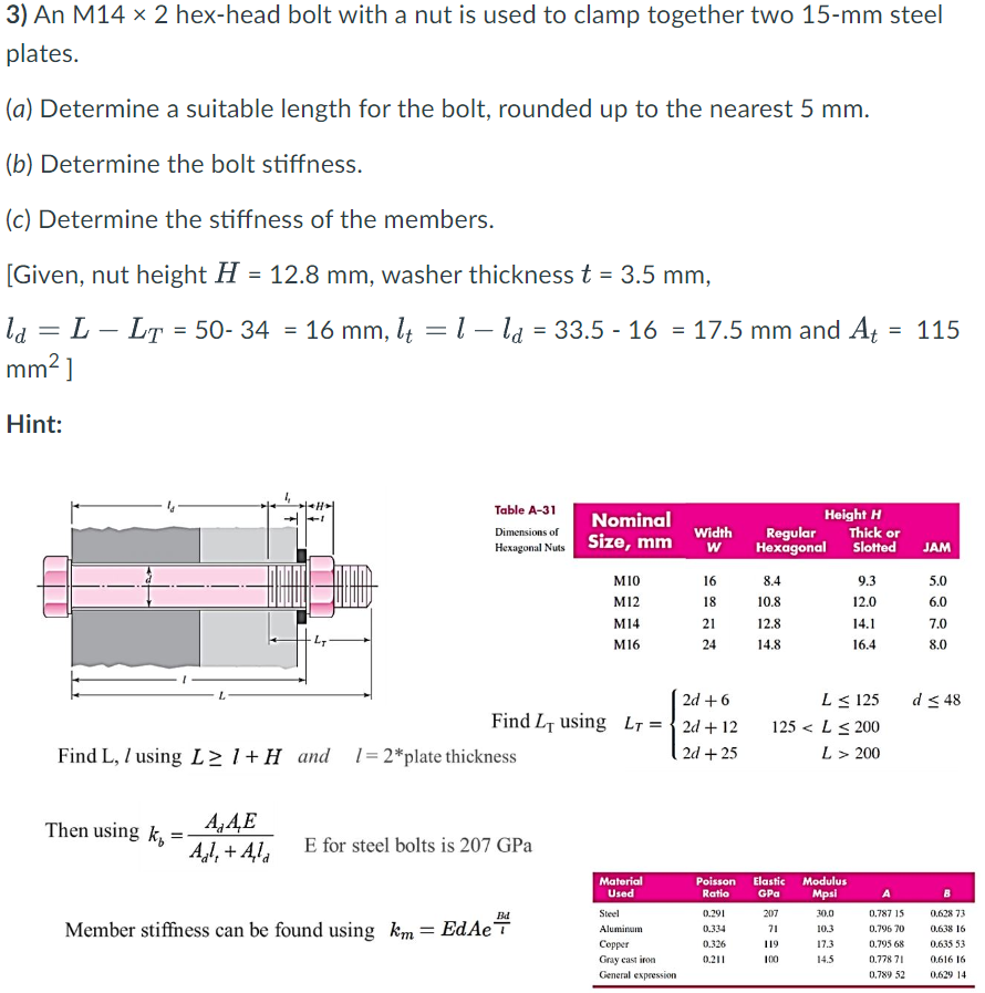 Solved 3) An M14 × 2 hex-head bolt with a nut is used to | Chegg.com