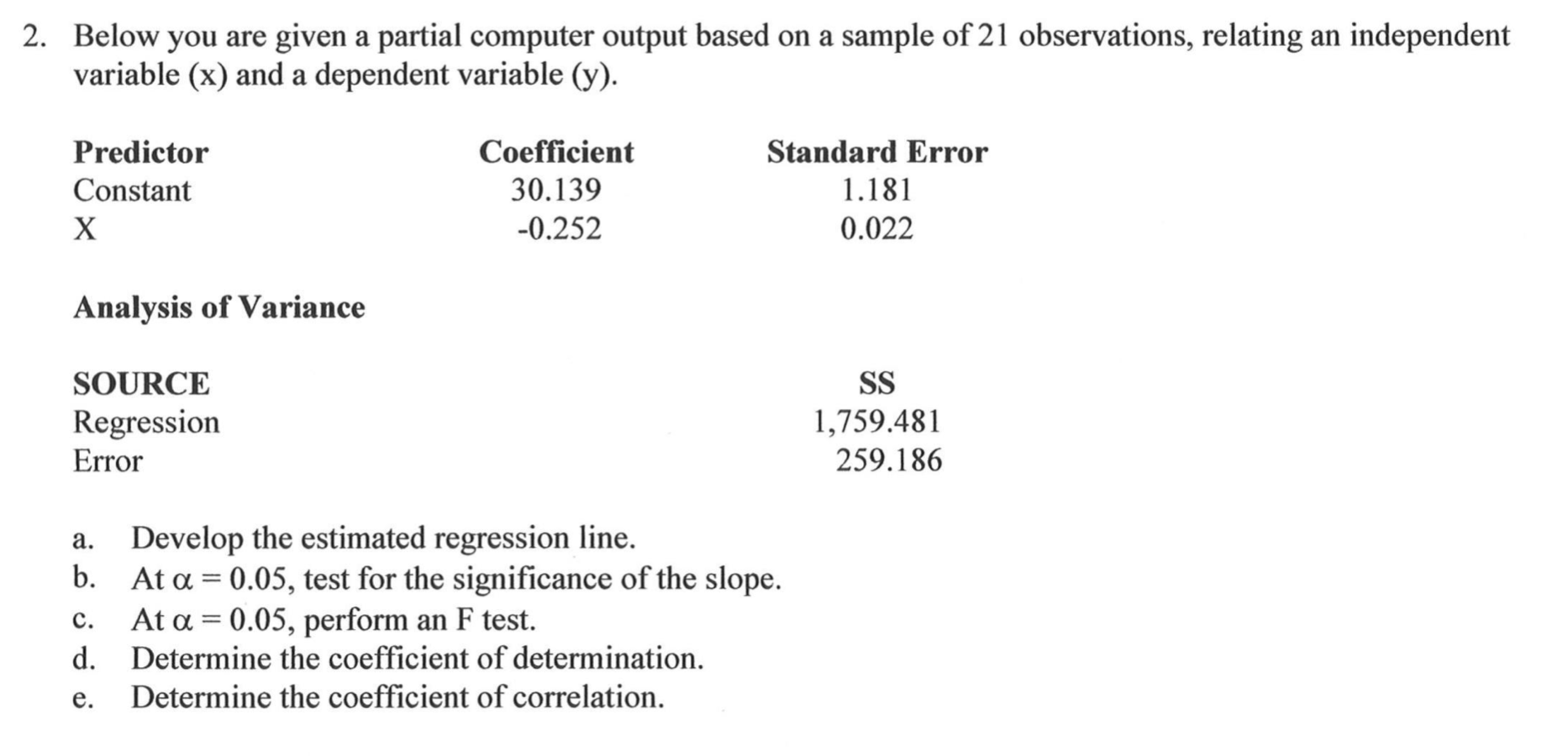 Solved 2. Below you are given a partial computer output | Chegg.com