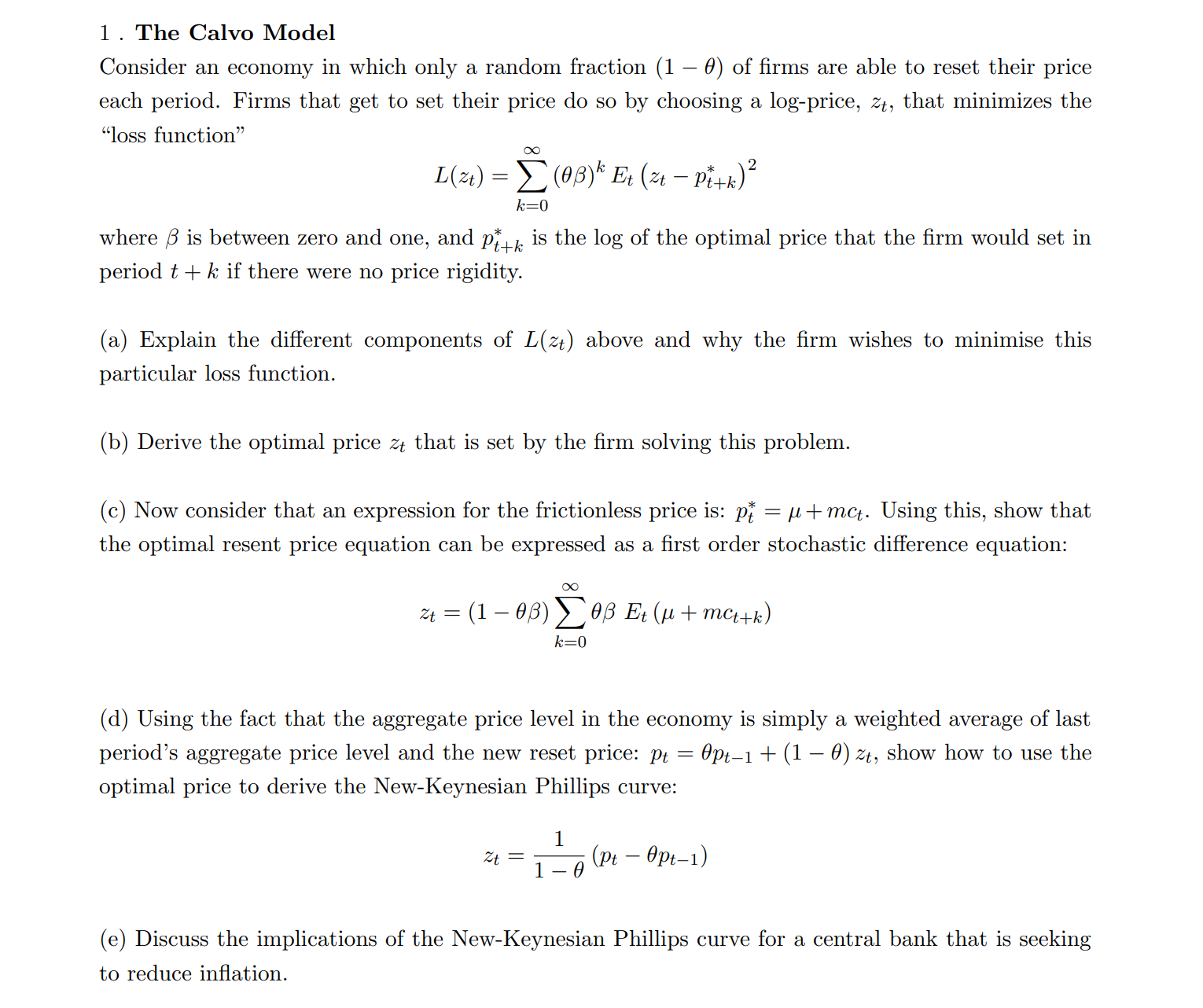 Solved 1. The Calvo Model Consider an economy in which only | Chegg.com