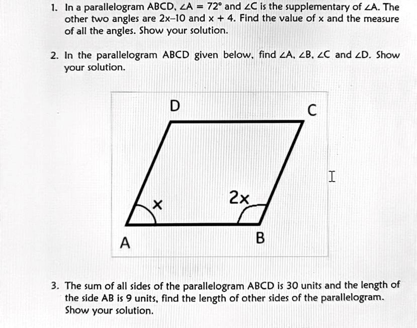 Solved = 1. In a parallelogram ABCD, ZA = 72º and 2C is the | Chegg.com