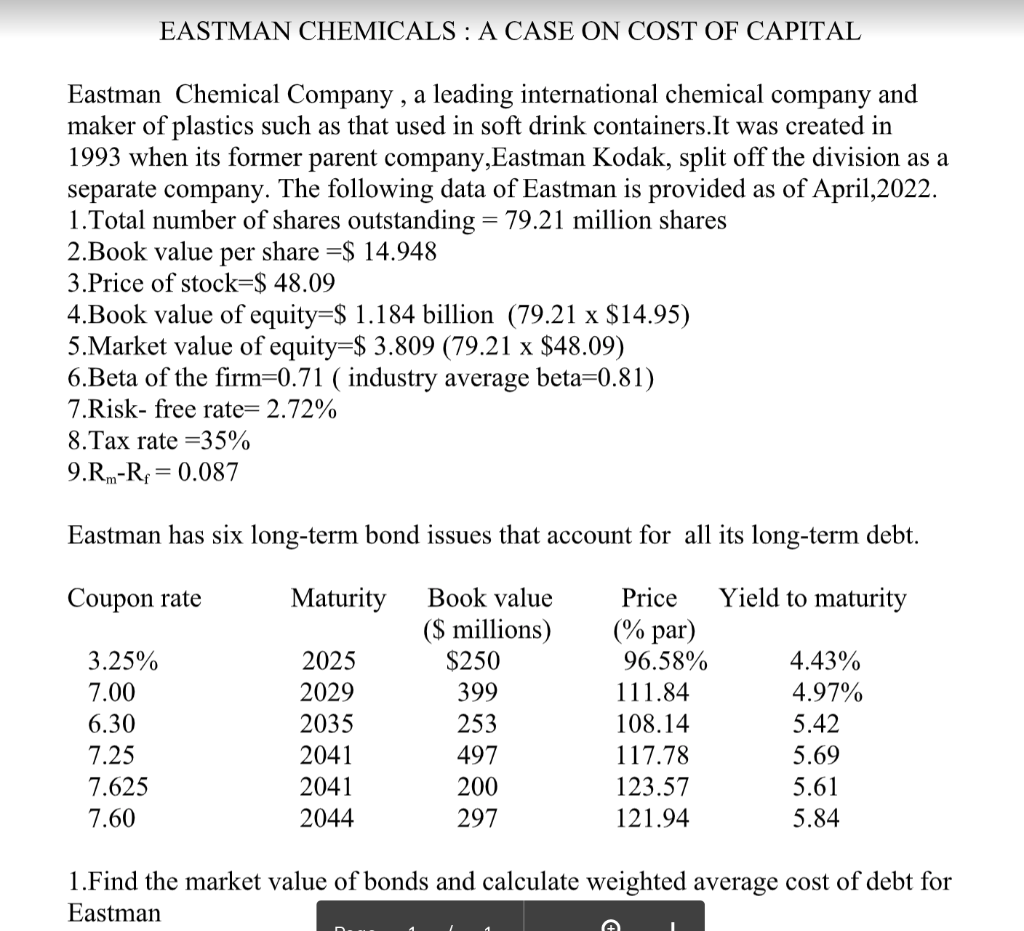 Solved Eastman Chemical Company , a leading international | Chegg.com