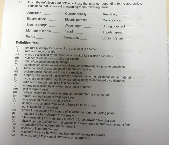 Solved 10. From the definition pool below, indicate the | Chegg.com