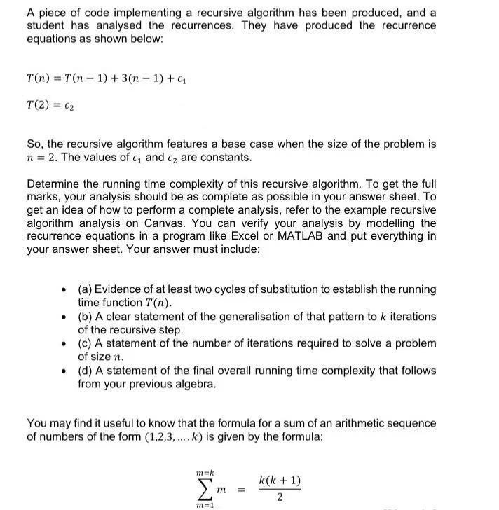 Solved A piece of code implementing a recursive algorithm | Chegg.com