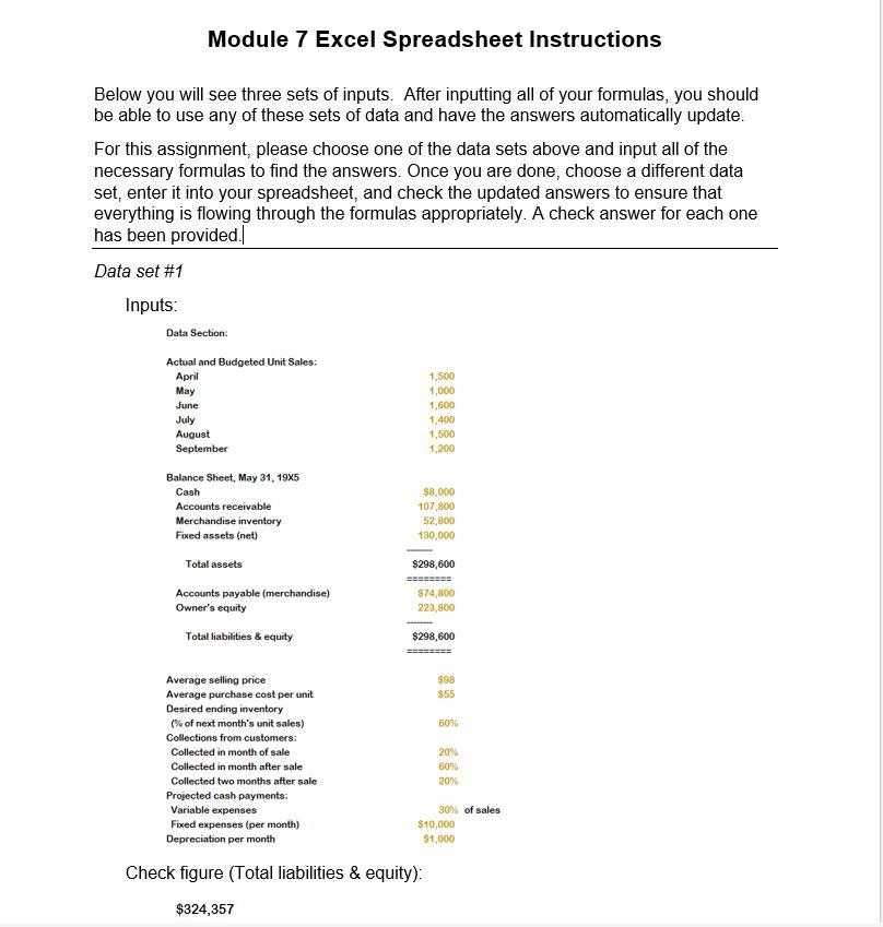 Solved Module 7 Excel Spreadsheet Instructions Below you | Chegg.com