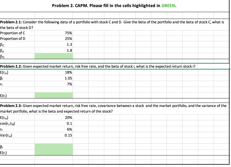 Problem 2. CAPM. Please fill in the cells highlighted | Chegg.com