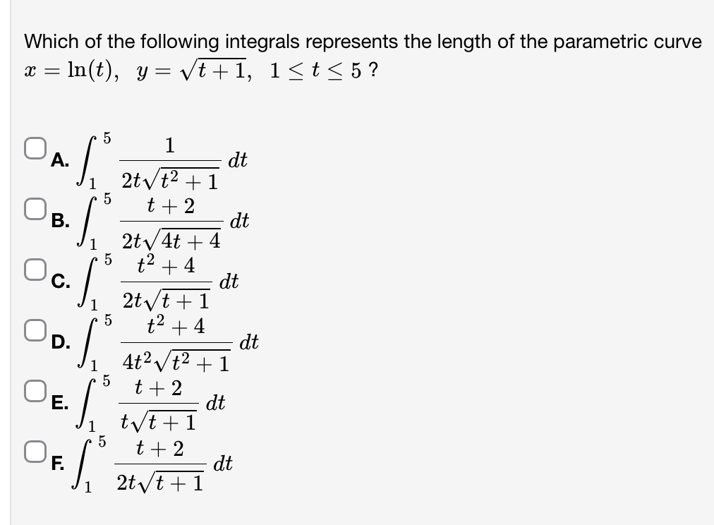 Solved Which of the following integrals represents the | Chegg.com