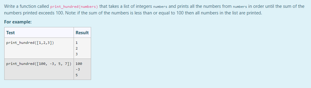 Solved Write a function called print_hundred (numbers) that | Chegg.com