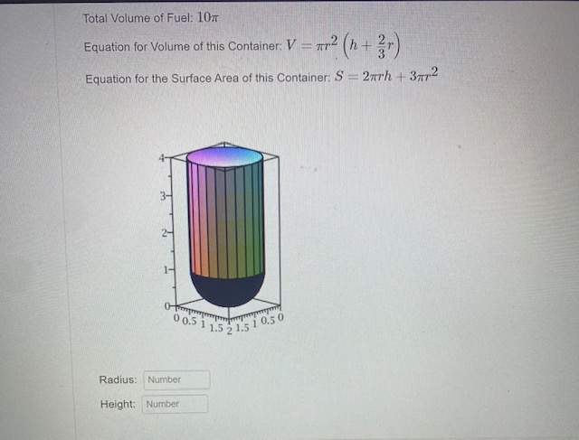 Solved Total Volume of Fuel: 10π Equation for Volume of this | Chegg.com