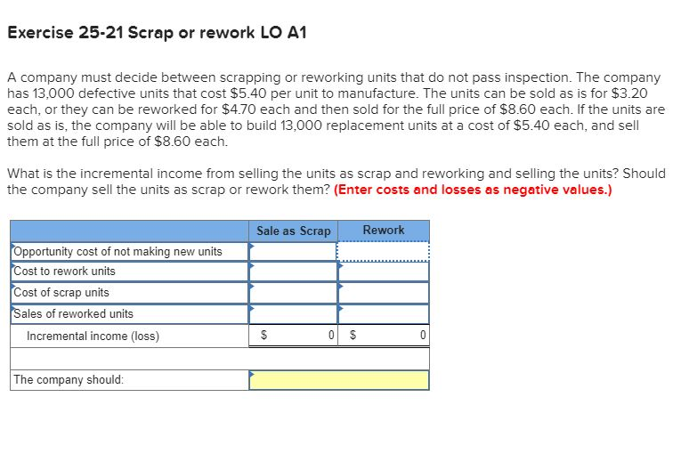 Solved Exercise 25-21 Scrap or rework LO A1 A company must | Chegg.com