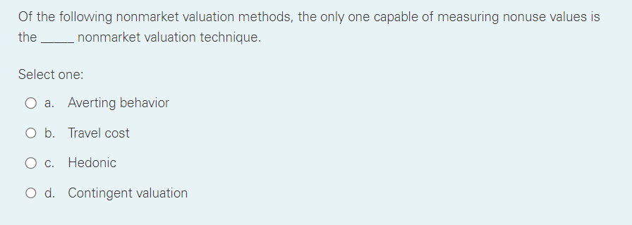 Solved Of the following nonmarket valuation methods, the | Chegg.com