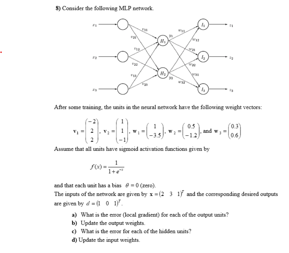 Solved 8) Consider the following MLP network. After some | Chegg.com