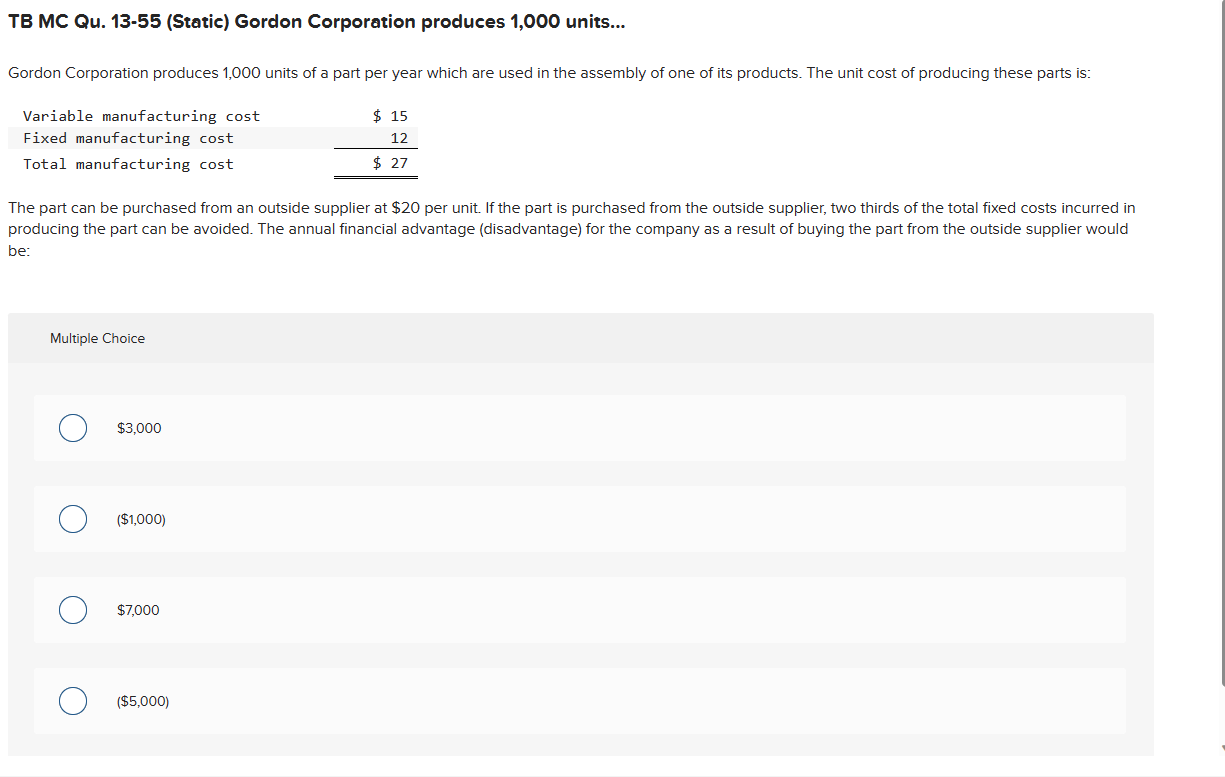 Solved TB MC Qu. 13-55 (Static) Gordon Corporation produces | Chegg.com