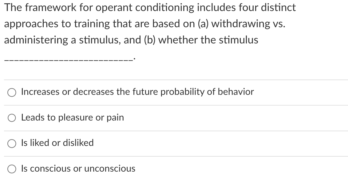 The framework for operant conditioning includes four | Chegg.com