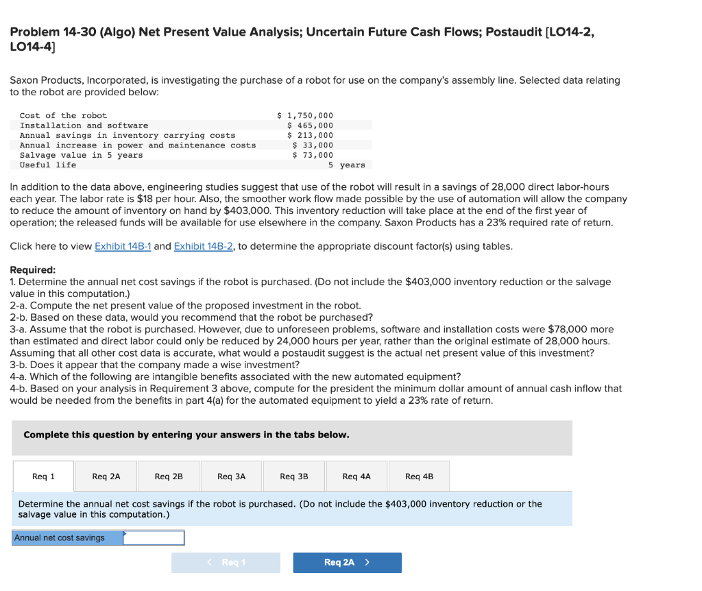 Solved Problem 14-30 (Algo) Net Present Value Analysis; | Chegg.com