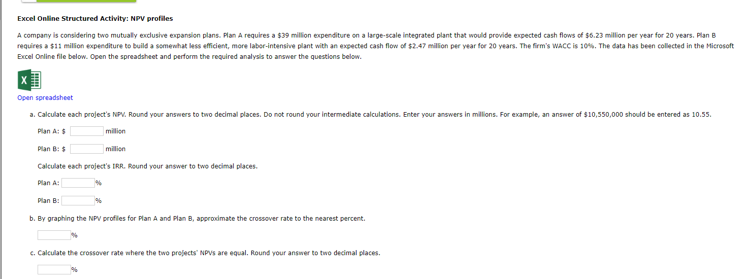 Solved Excel Online Structured Activity: NPV profiles Excel | Chegg.com
