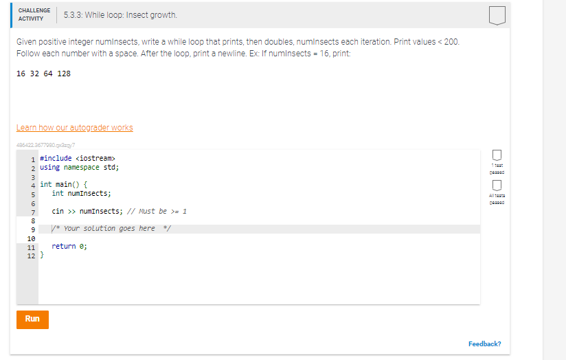 Solved Given positive integer numlnsects, write a while loop | Chegg.com