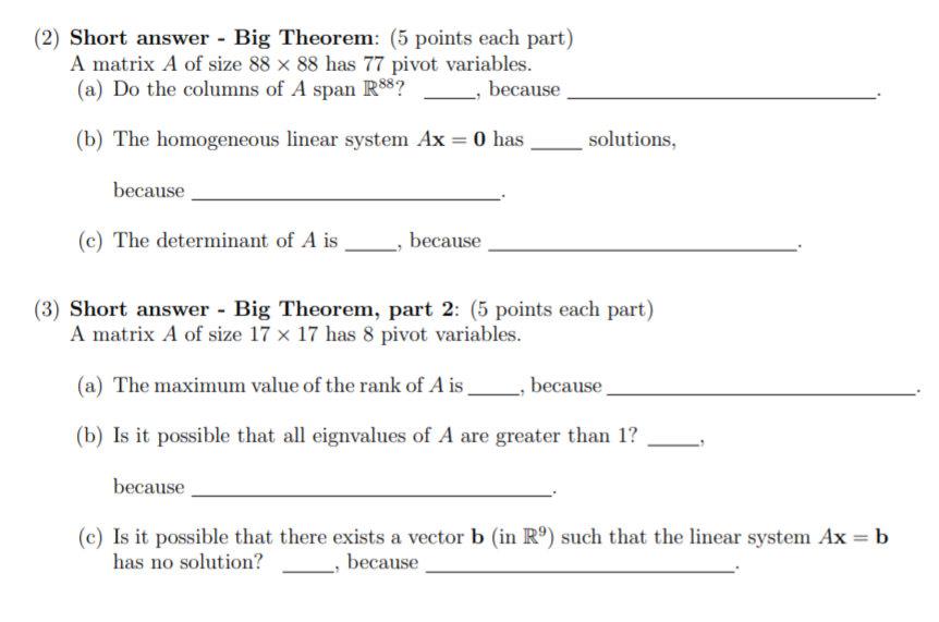 Solved (2) Short answer - Big Theorem: (5 points each part) | Chegg.com