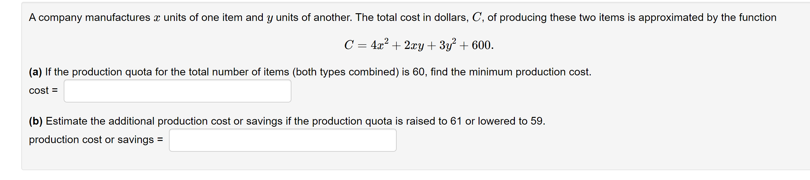 Solved A company manufactures x units of one item and y | Chegg.com