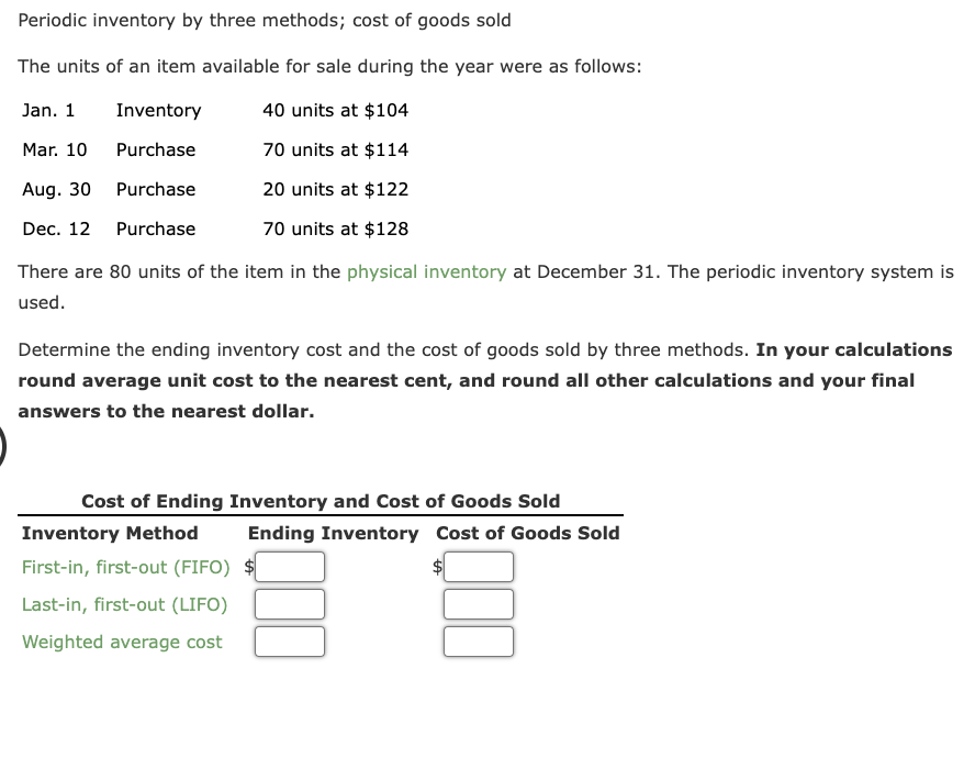 Solved Periodic inventory by three methods; cost of goods | Chegg.com