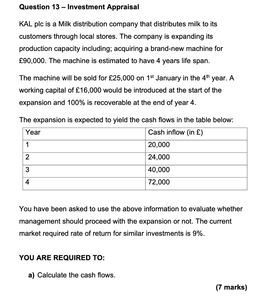 Solved Question 13 - Investment Appraisal KAL plc is a Milk | Chegg.com
