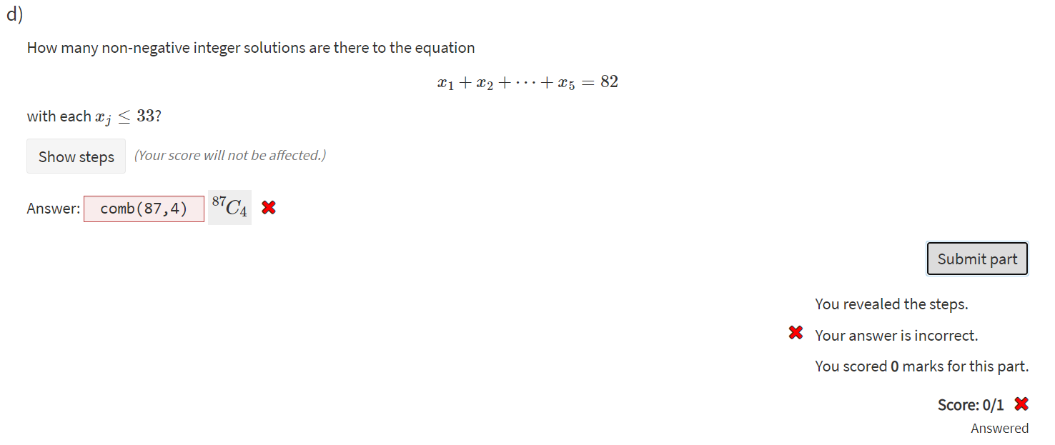 Solved d) How many non-negative integer solutions are there | Chegg.com