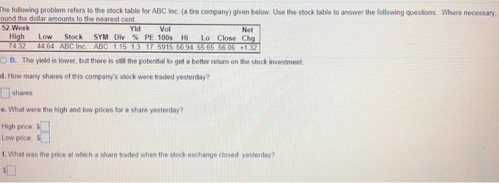 Solved The following problem refers to the stock table for | Chegg.com
