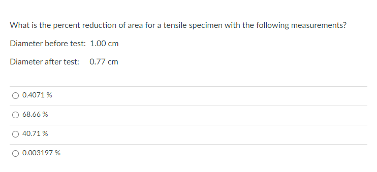 Solved What is the percent reduction of area for a tensile | Chegg.com