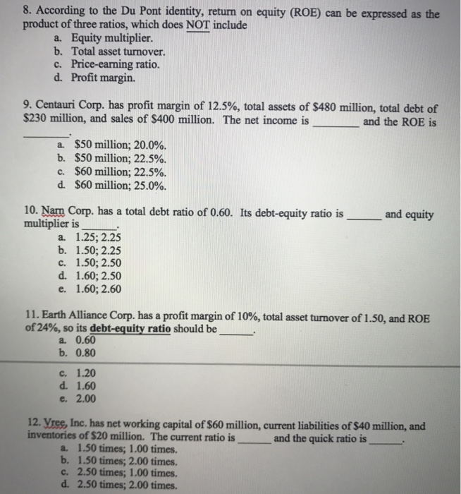 Solved According to the Du Pont identity, return on equity | Chegg.com
