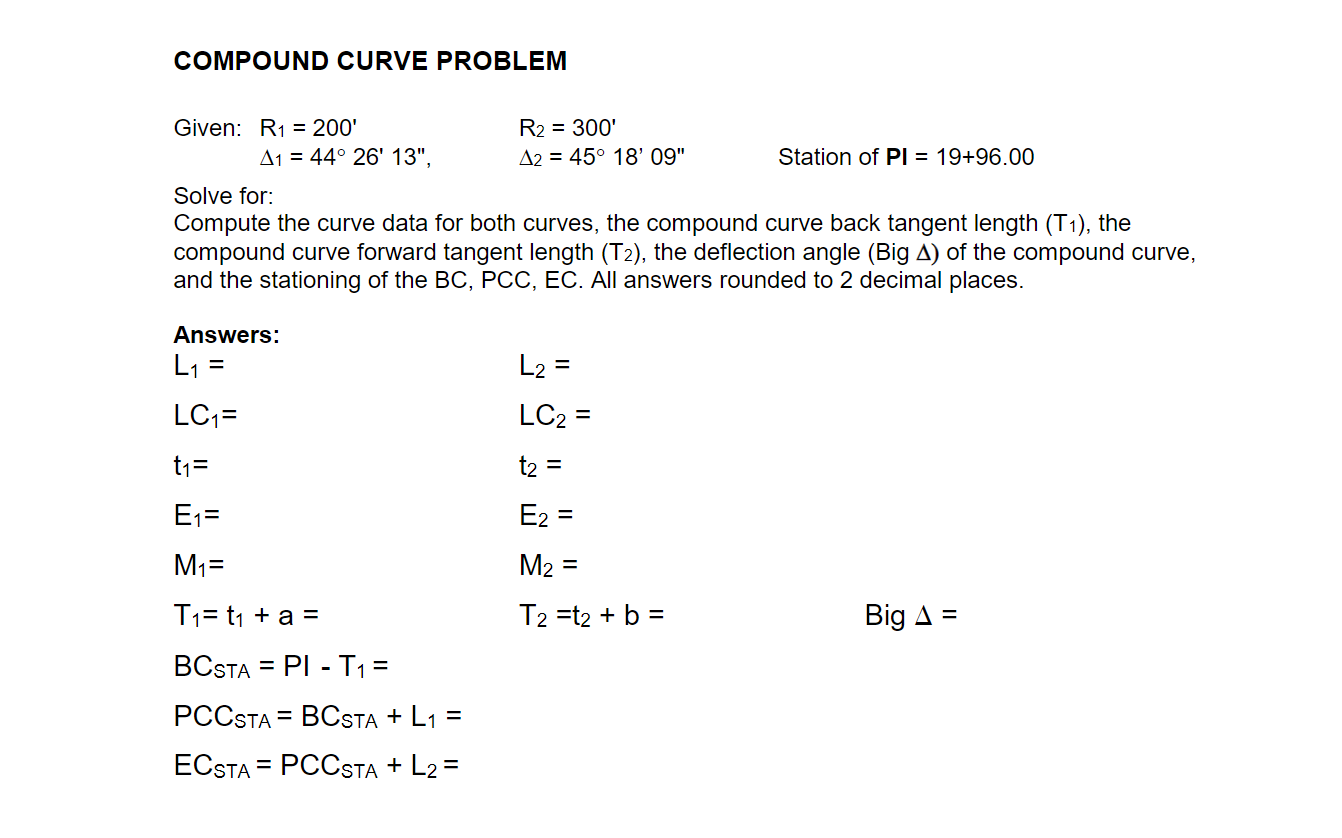 Solved COMPOUND CURVE PROBLEM Given: | Chegg.com