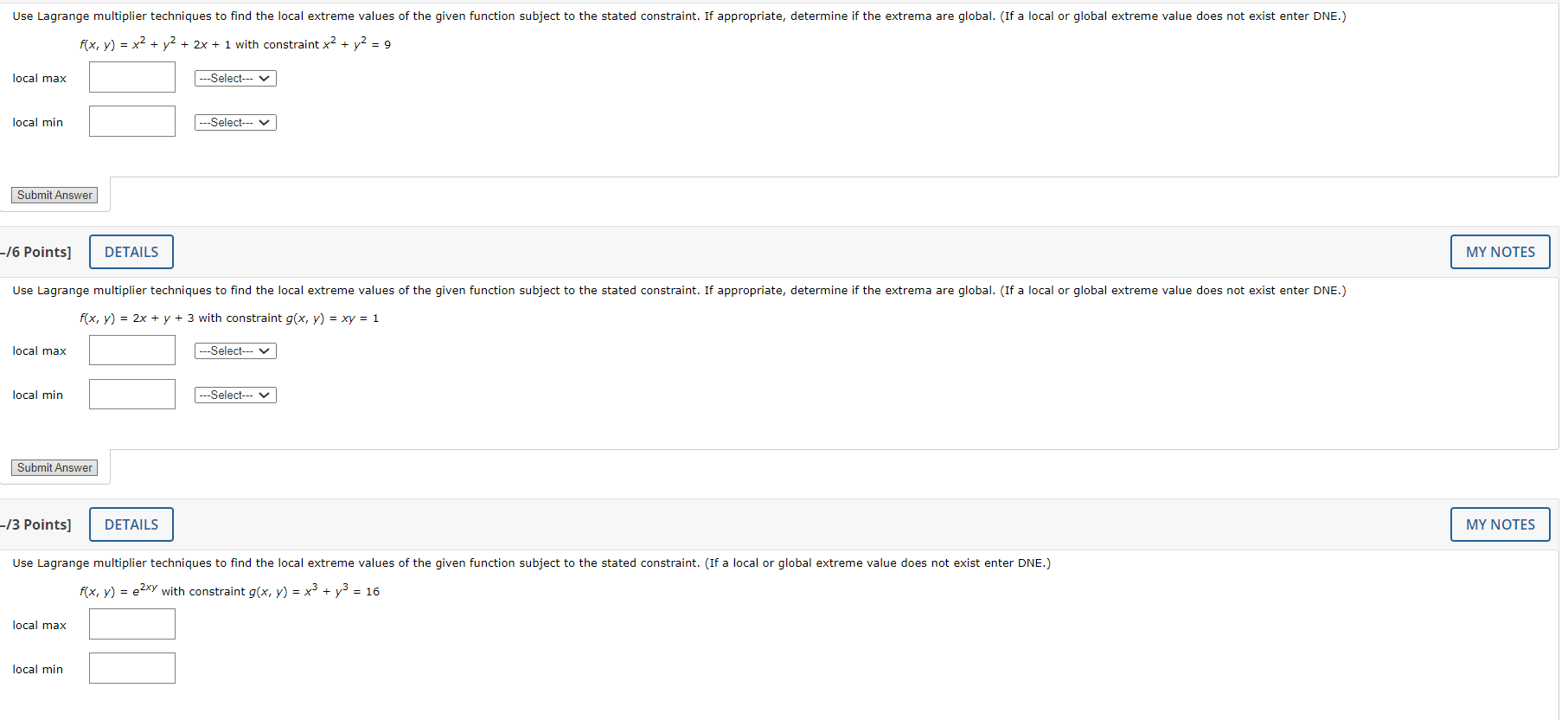 Solved f(x,y)=x2+y2+2x+1 with constraint x2+y2=9 local max | Chegg.com