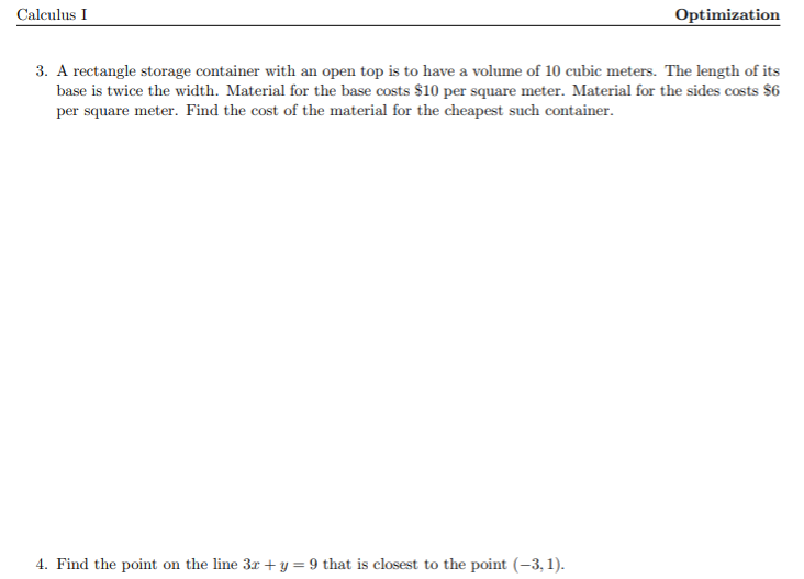 Solved Calculus I Optimization 3. A rectangle storage | Chegg.com