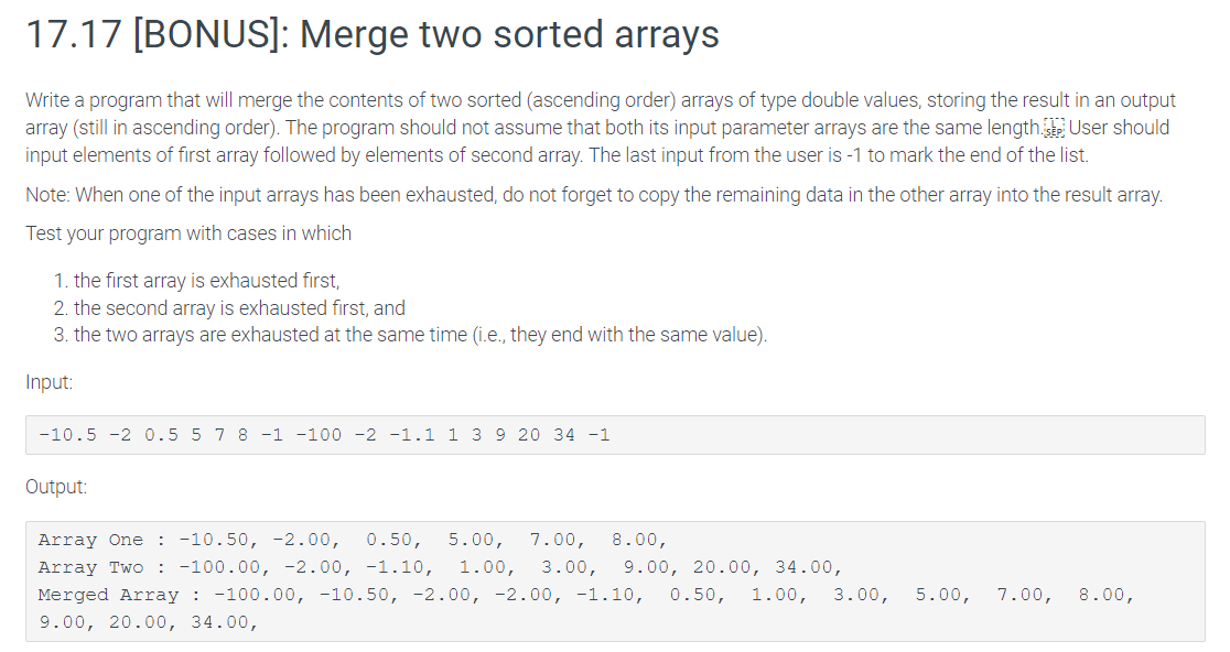Solved 17.17 [BONUS]: Merge two sorted arrays Write a | Chegg.com