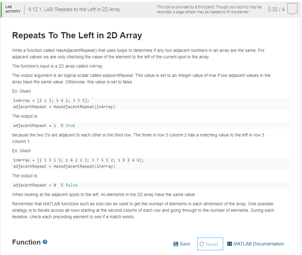 Solved LAB ACTIVITY 9.12.1: LAB: Repeats to the Left in 2D | Chegg.com