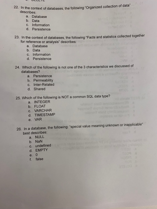 Solved e context of databases, the following Organized | Chegg.com