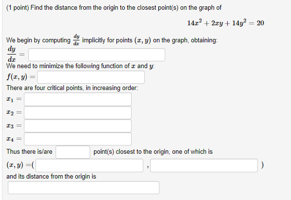 Solved (1 point) Find the distance from the origin to the | Chegg.com