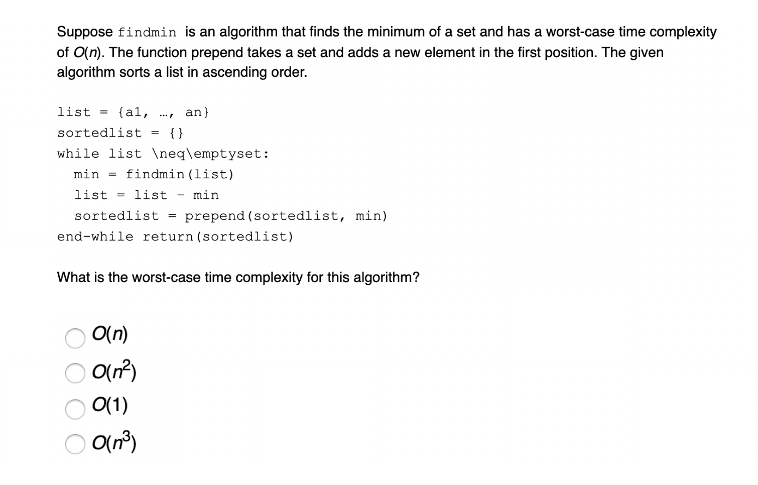 Solved Suppose findmin is an algorithm that finds the | Chegg.com