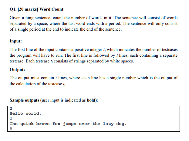 Solved Q1. [20 marks) Word Count Given a long sentence, | Chegg.com