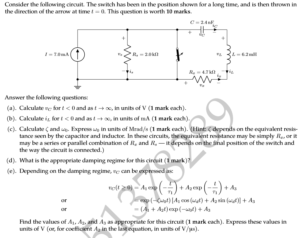 Solved Consider the following circuit. The switch has been | Chegg.com